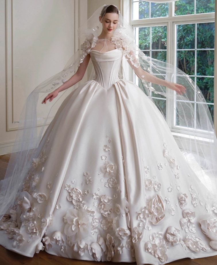 the 'Aurora' off shoulder fish-bone satin ball gown ivory 3d flowers ...